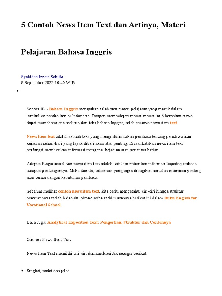 5 Contoh News Item Text Dan Artinya, Materi Pelajaran Bahasa Inggris ...