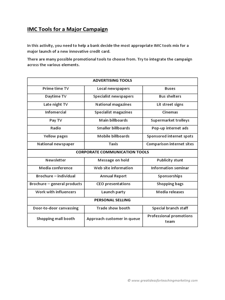 IMC Tools For A Major Campaign | PDF | Direct Marketing | Advertising