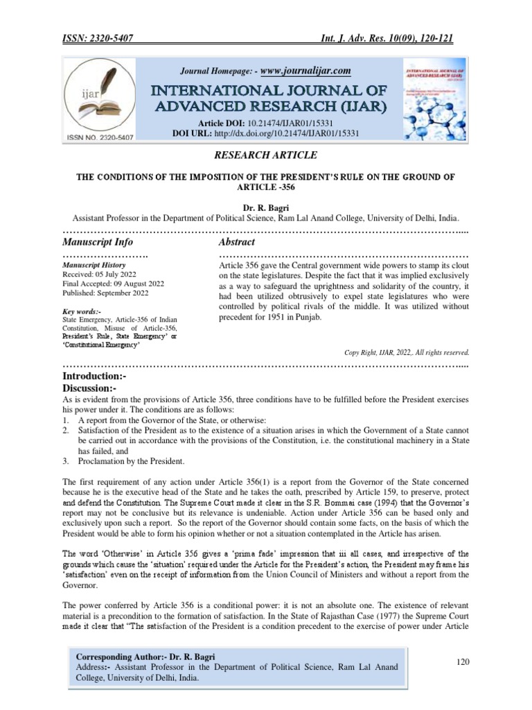 The Conditions of The Imposition of The Presidents Rule On The Ground ...