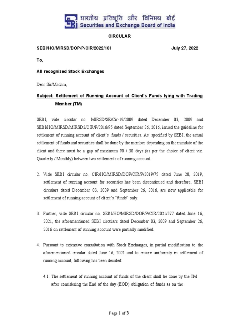 Circular SEBI/HO/MIRSD/DOP/P/CIR/2022/101 July 27, 2022 To, All Recognized Stock Exchanges | PDF ...