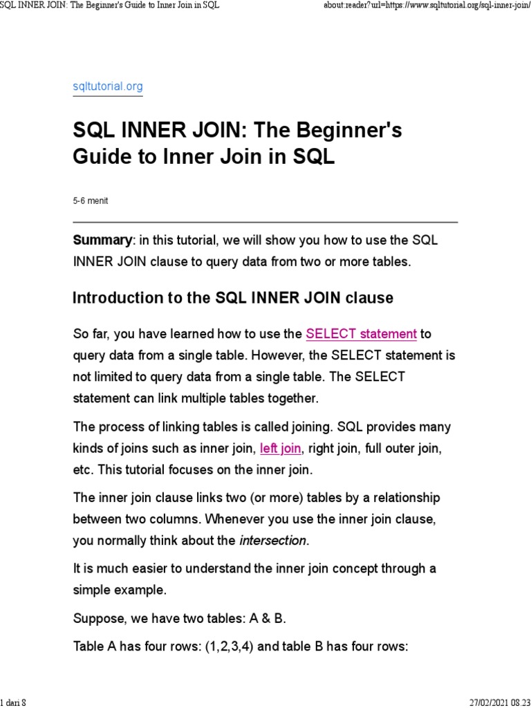 SQL INNER JOIN: The Beginner's Guide To Inner Join in SQL | PDF