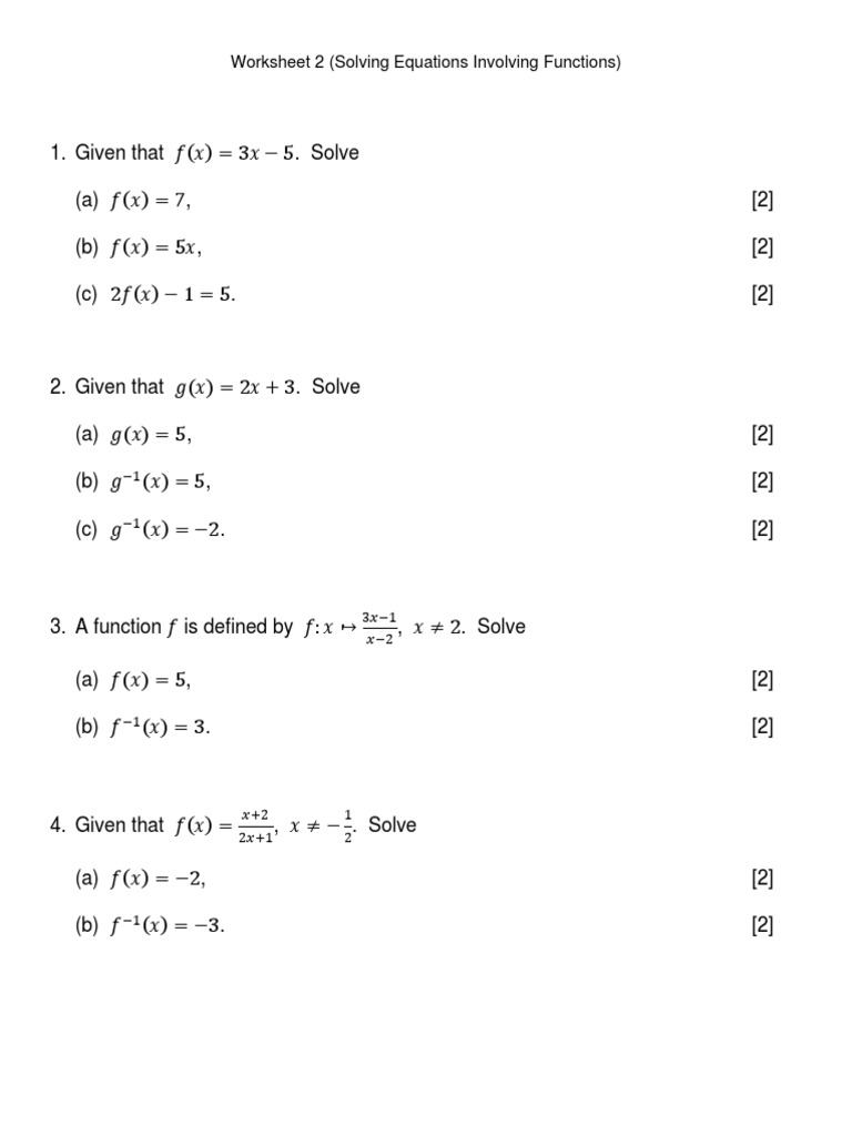 3rd Term Worksheet 2 (Solving Equations Involving Functions) | PDF