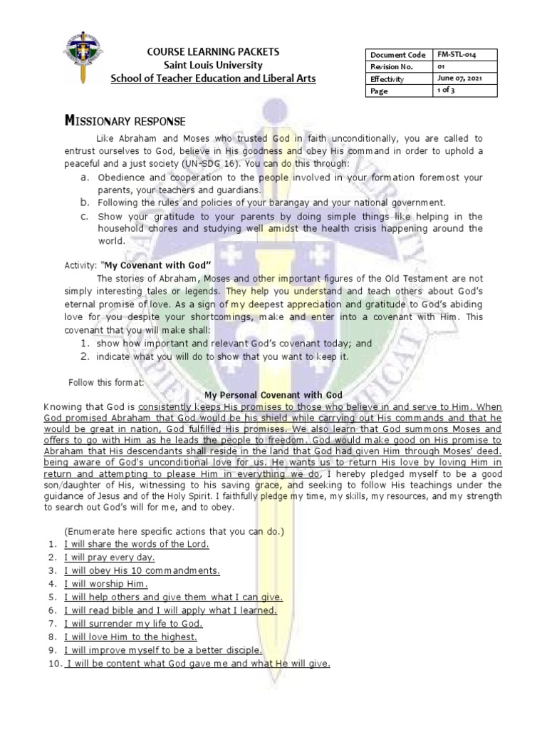 CFE 101 - Module 2, Lesson 1 - Missionary Response | PDF | Covenant (Biblical) | Moses