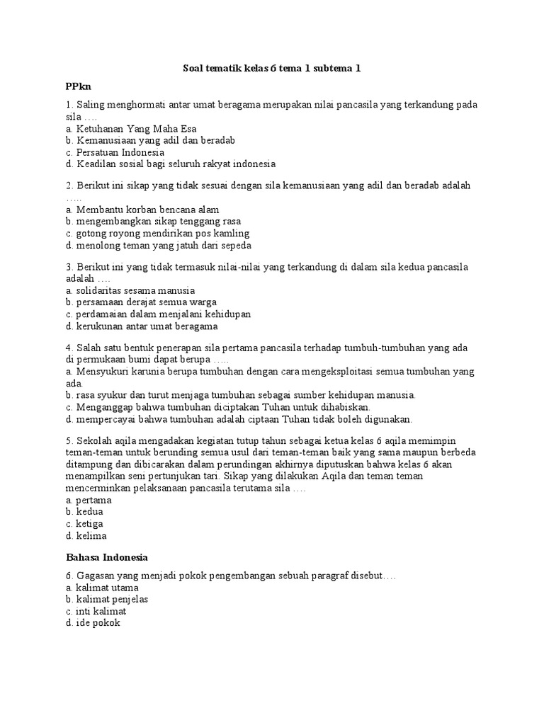 Soal Tematik Kelas 6 Tema 1 Subtema 1 | PDF