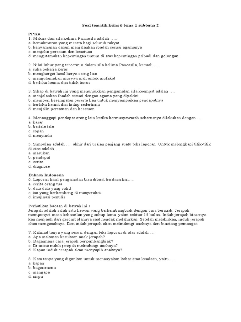 Soal Tematik Kelas 6 Tema 1 Subtema 2 | PDF | Kajian Bahasa Asing