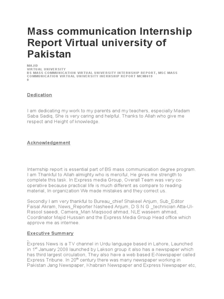 Mass Communication Internship Report Virtual University of Pakistan ...