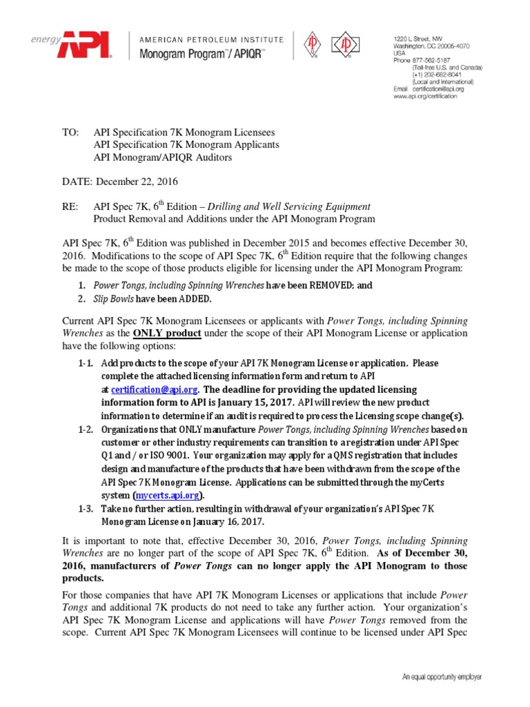 API 7K Spec Changes for Licensees | PDF | License | Computing
