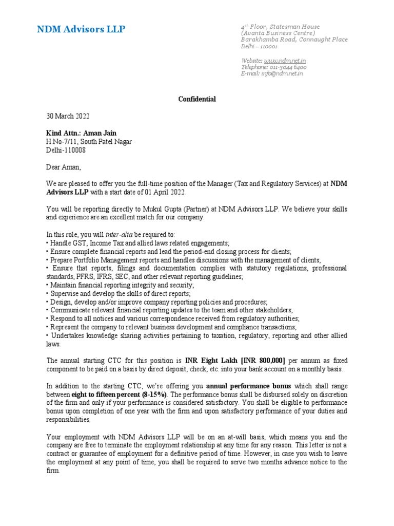 NDM-Job Offer Letter (Aman Jain) | PDF