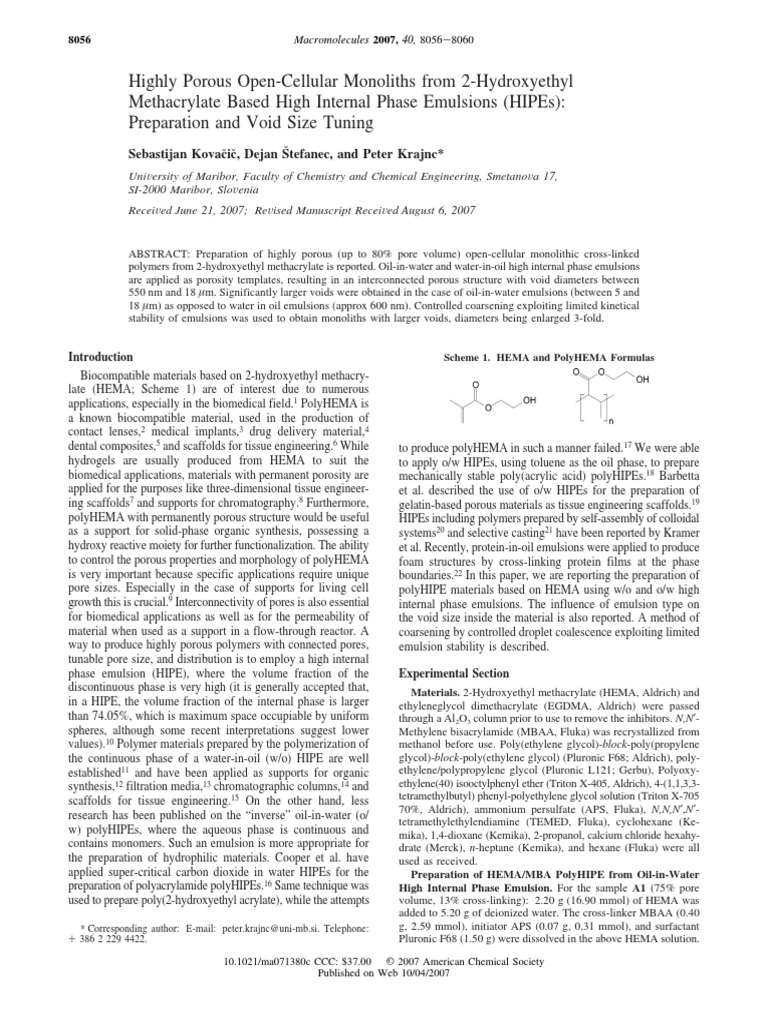 Highly Porous Open-Cellular Monoliths From 2-Hydroxyethyl Methacrylate ...