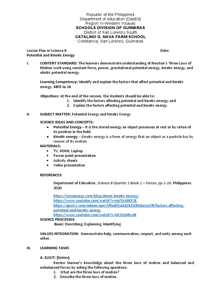 LP - Science 8 - Potential and Kinetic Energy | PDF | Potential Energy ...