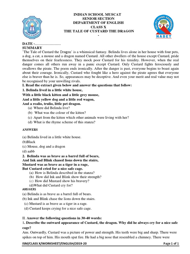 Class - X - English - The Tale of Custard The Dragon - 2019-2020 | PDF | Poetry