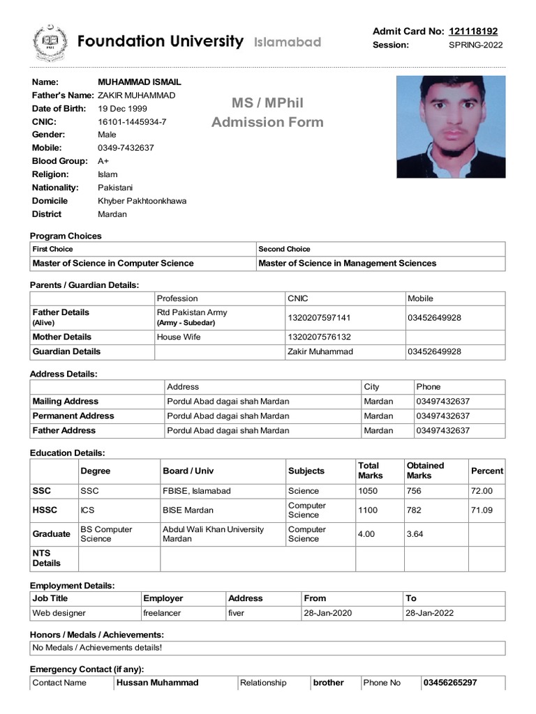 Admission Form | PDF | Bachelor Of Science | Master Of Science