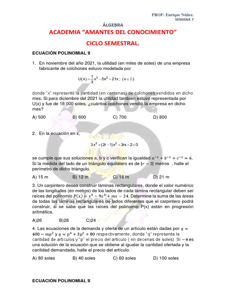 Álgebra - Sem. 7 ADC - Ciclo Semestr. - Ejerc - de Clase y Tarea | PDF | Ecuaciones | Álgebra