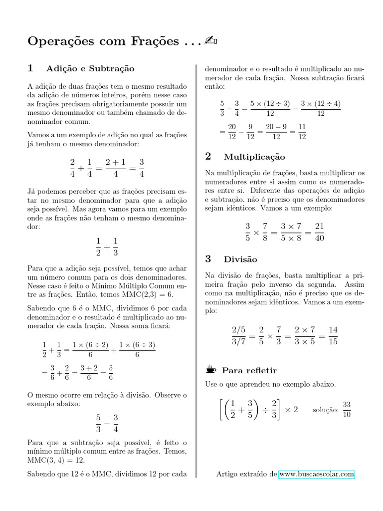 Operações de Frações | PDF | Álgebra abstrata | Matemática elementar