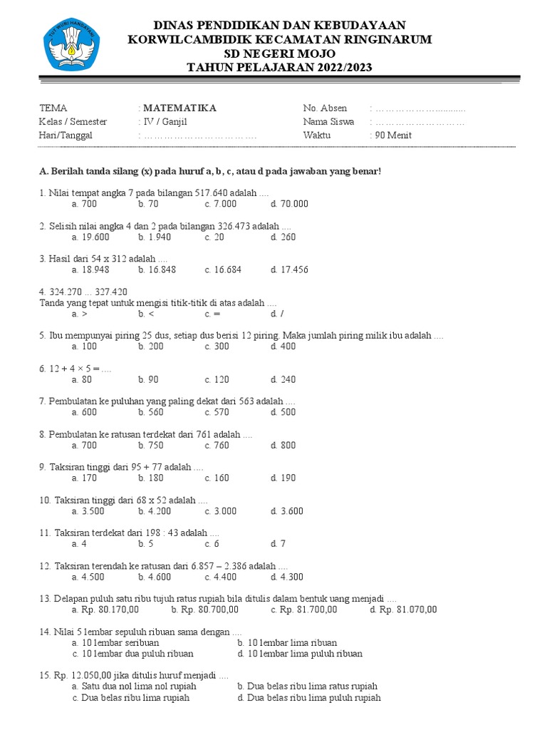 Soal PTS Matematika Kelas 4 Sem 1 | PDF | Metode & Bahan Ajar | Griya & Taman