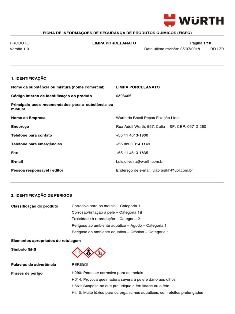 FISPQ - Limpa Contato | PDF | Embalagem e rotulagem | Natureza