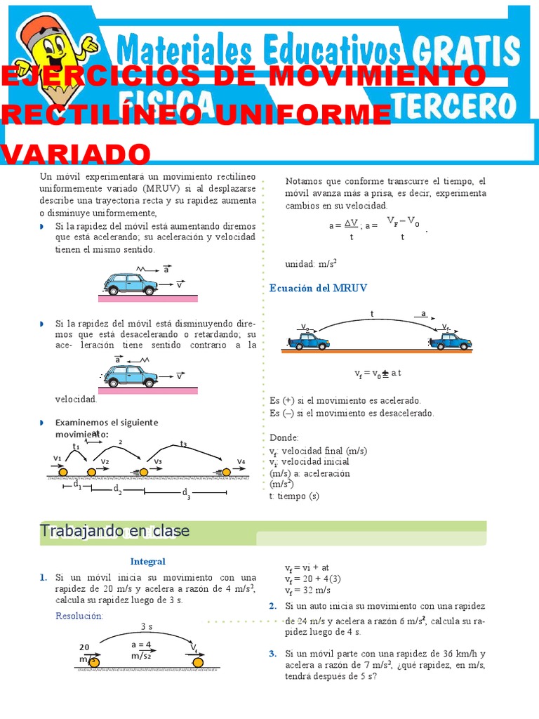 Ejercicios de Movimiento Rectilíneo Uniforme Variado para Tercer Grado de Secundaria | Descargar ...