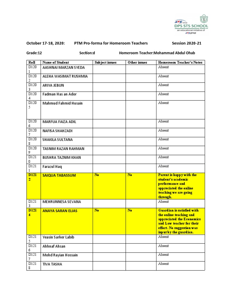 PTM Proforma Oct 17-18 | PDF