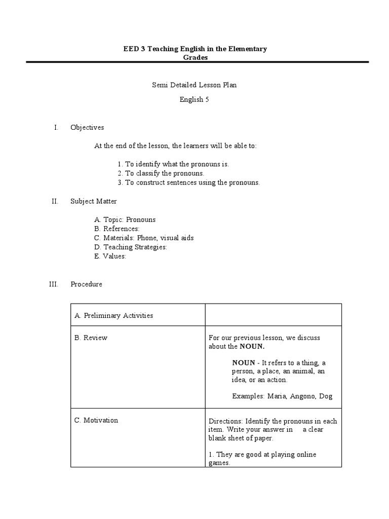 Lesson Plan in English 5 | Download Free PDF | Pronoun | Noun