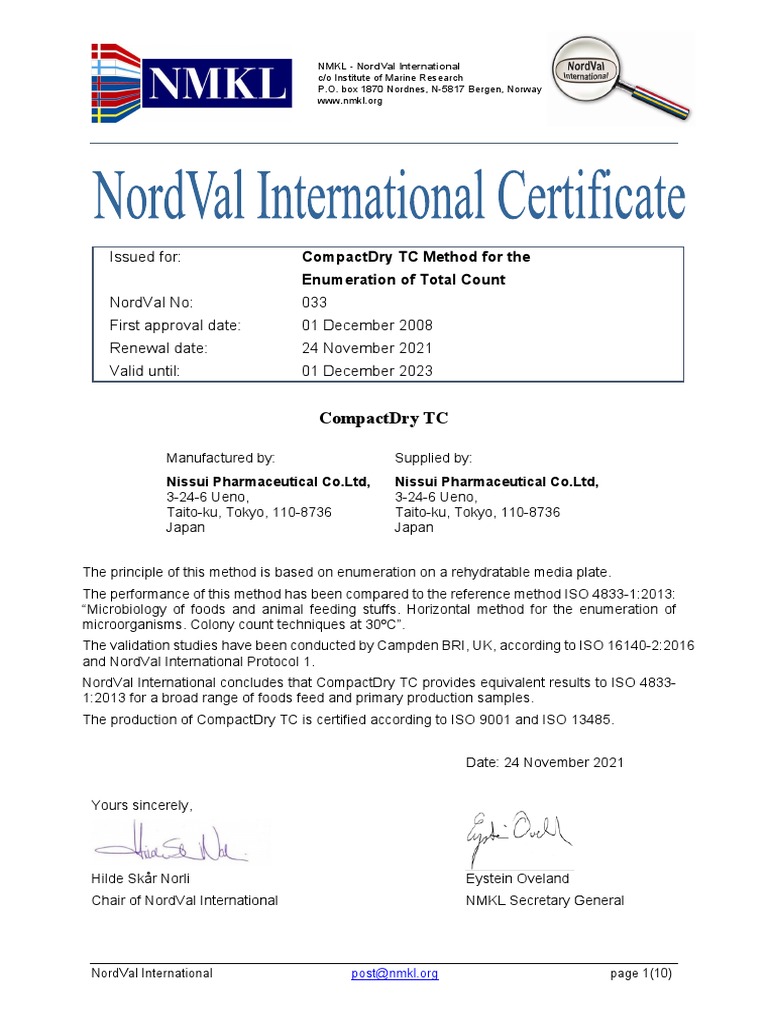 NordVal Certificate 033 Compact Dry TC Aerobic - Nissui - 24nov2021 | PDF