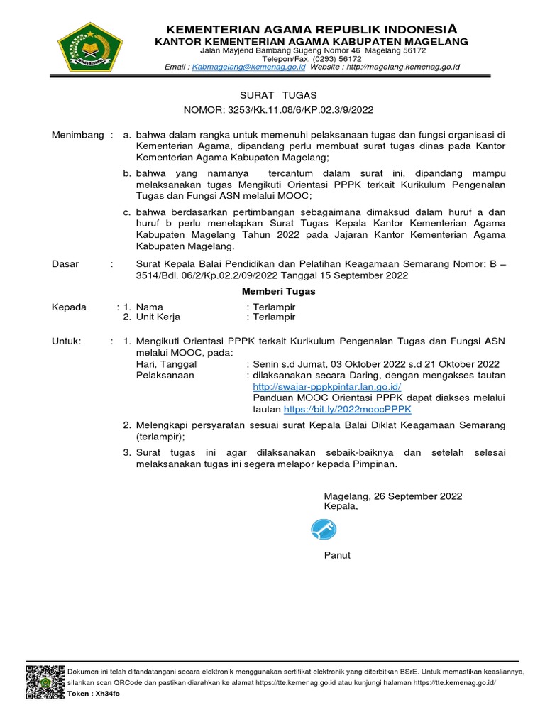 Surat Tugas Mooc P3K | PDF