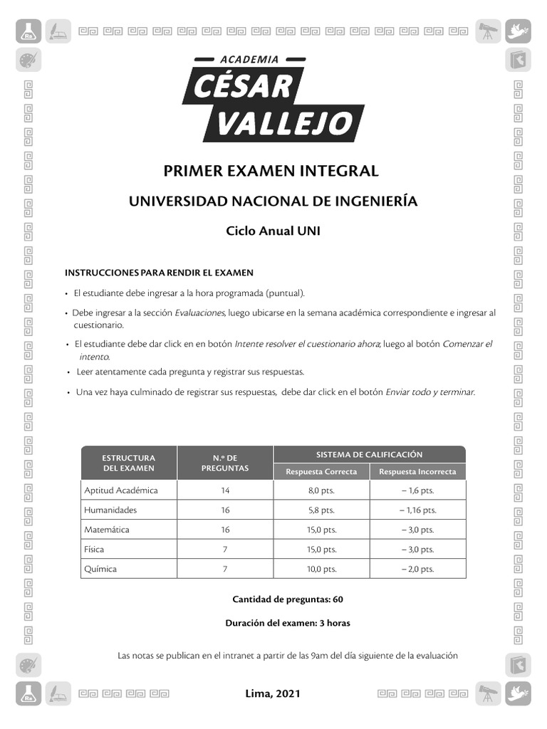 Examen Integral UNI: Estructura y Preguntas | PDF | Prueba (evaluación ...