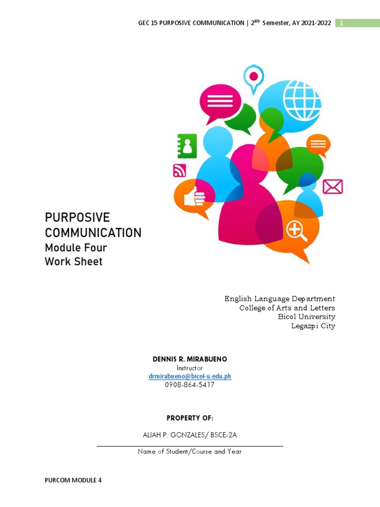 Purposive Communication: Module Four Work Sheet | PDF | Communication ...