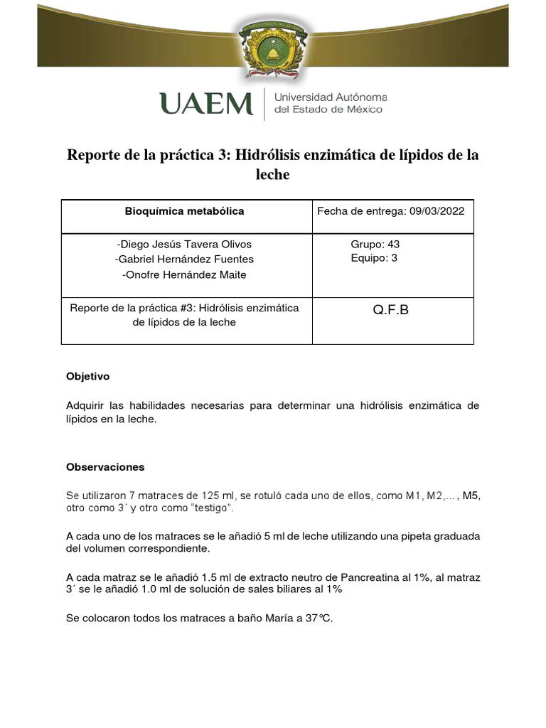 Reporte 3. Hidrolisis Enzimatica de Lipidos de La Leche | PDF