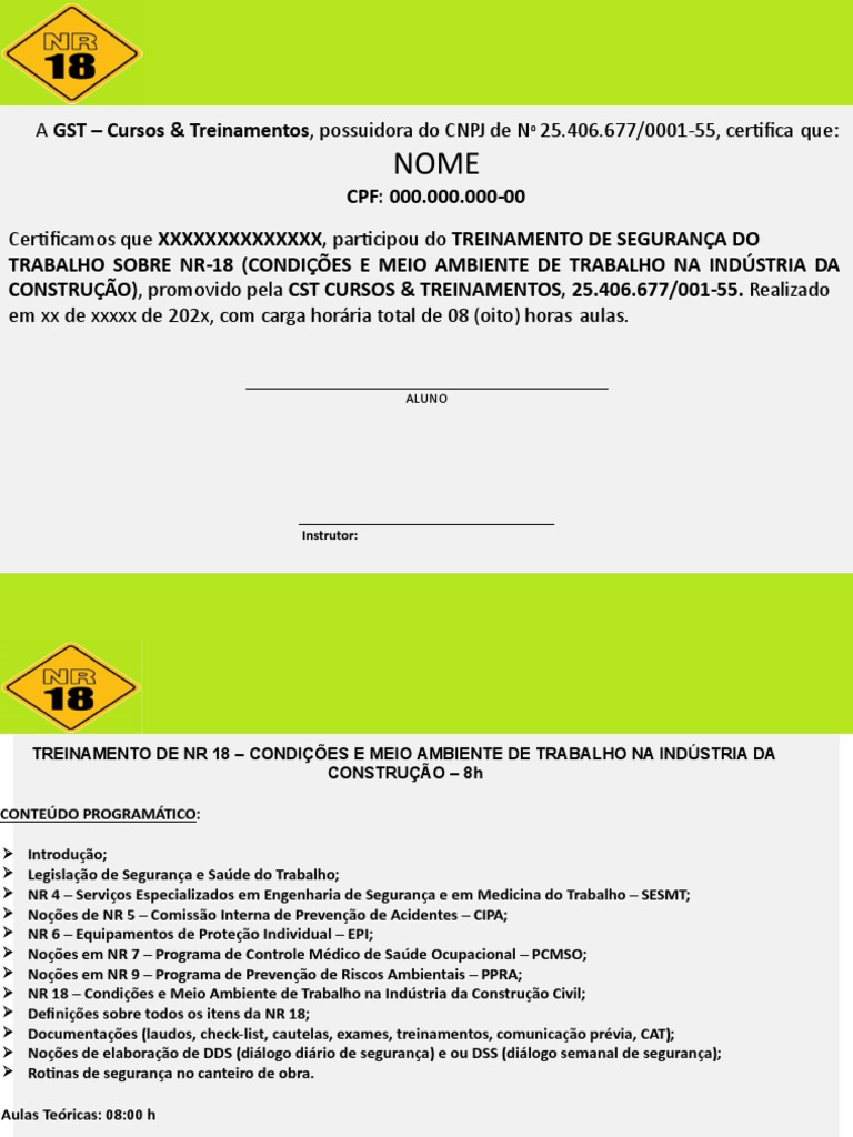 Certificado de NR 18 | PDF
