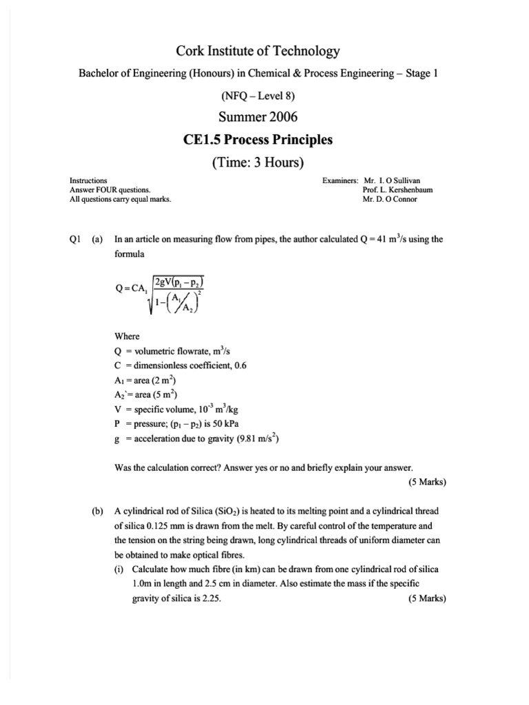 Chemical Engineering Exam 2006 | PDF | Pressure | Physical Sciences