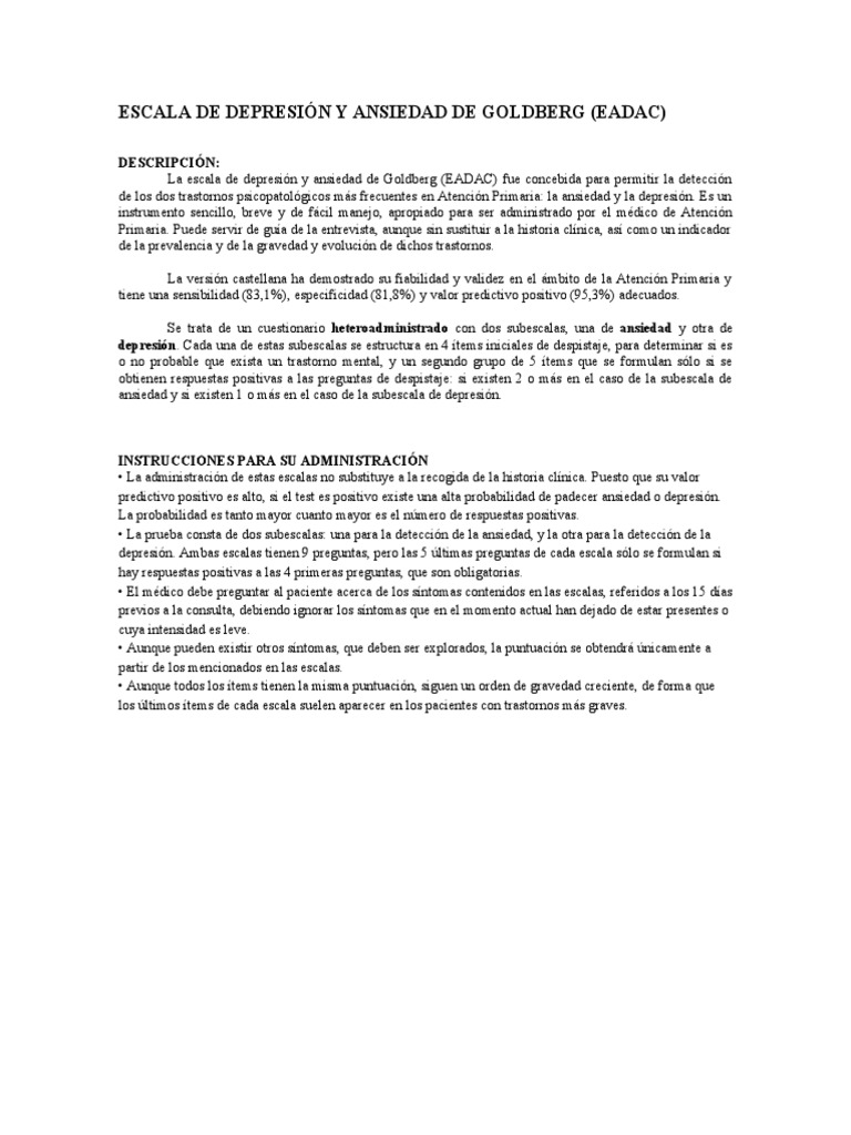 Escala Depresión y Ansiedad de Goldberg | PDF