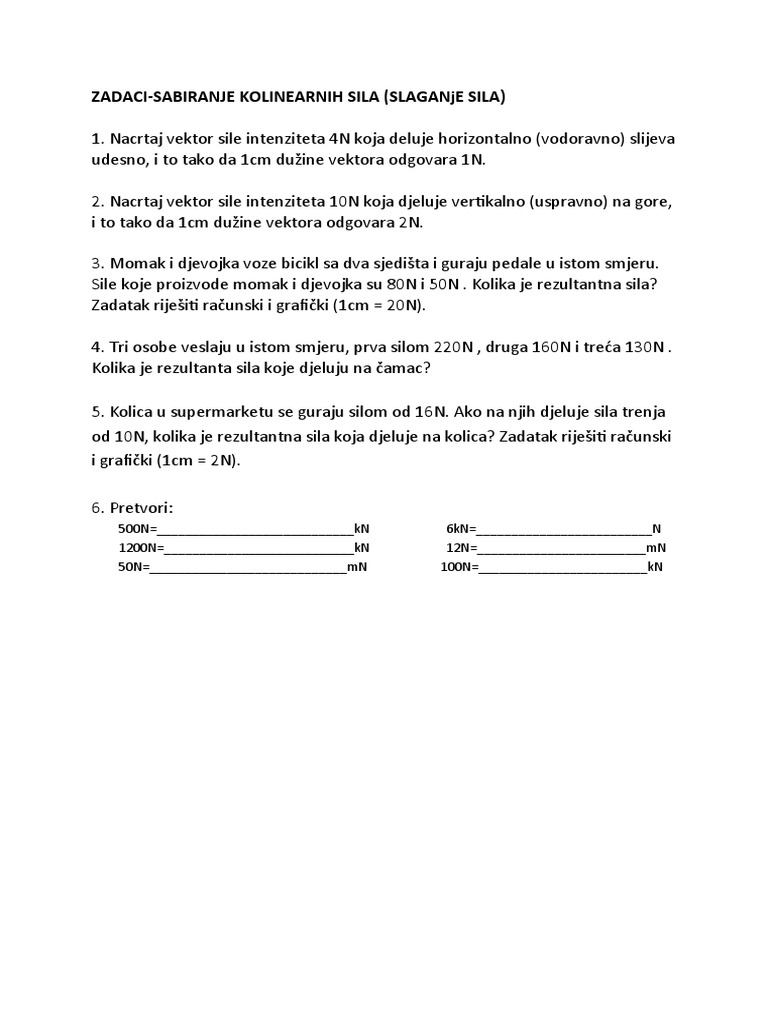 Sabiranje Kolinearnih Sila Zadaci | PDF