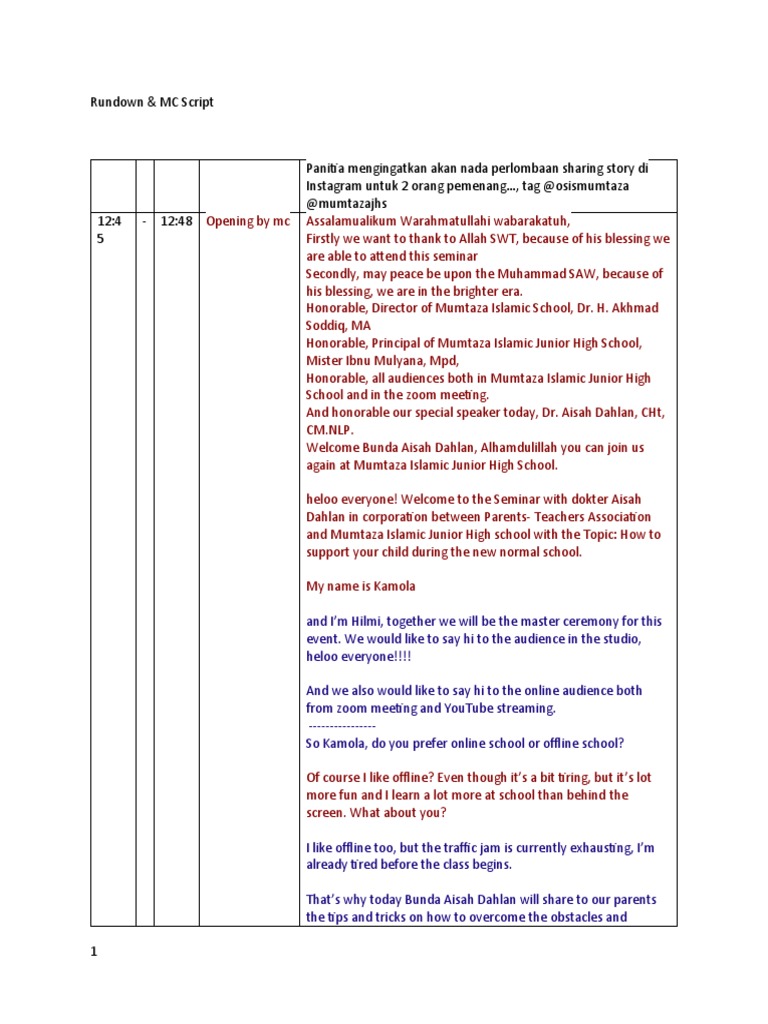 MC Script - Webinar Aisah Dahlan Agustus 2022 | PDF
