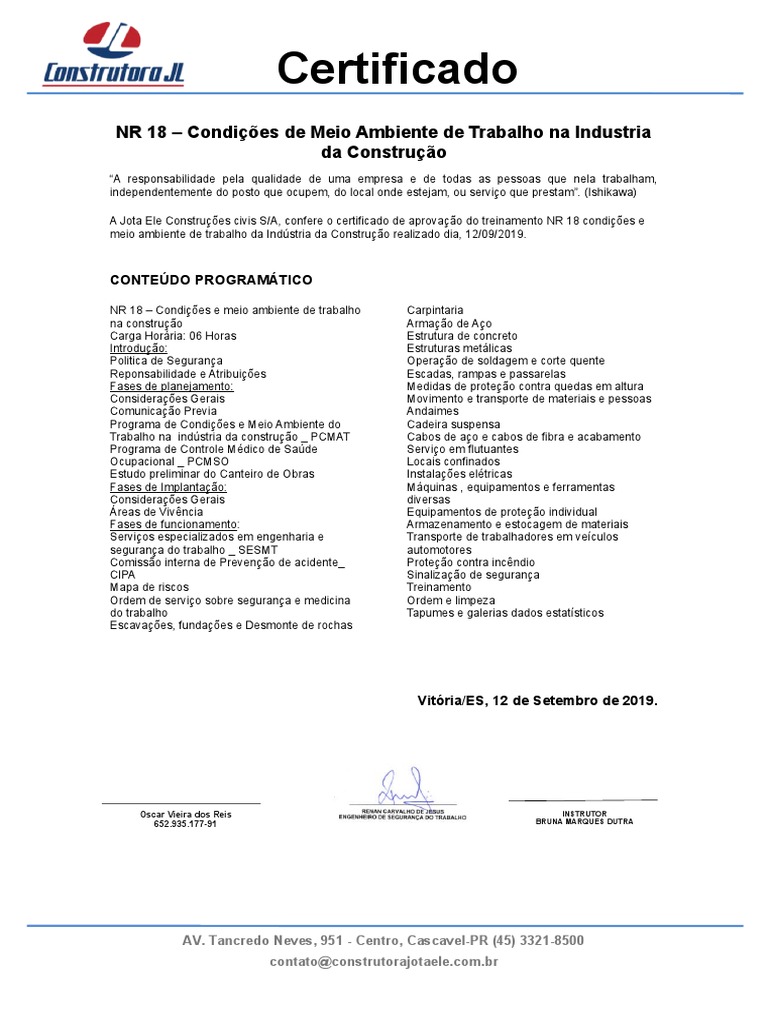 Modelo de Certificado - NR 18 | PDF