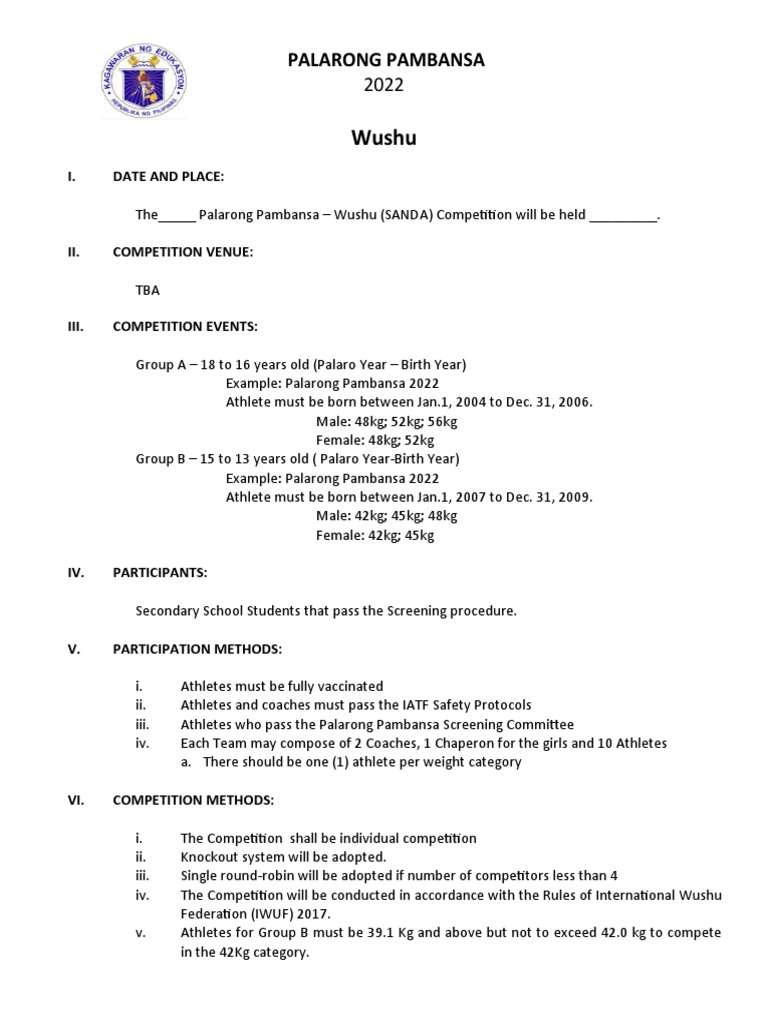 Palarong Pambansa 2022 Wushu Rules | PDF | Individual Sports | Combat ...