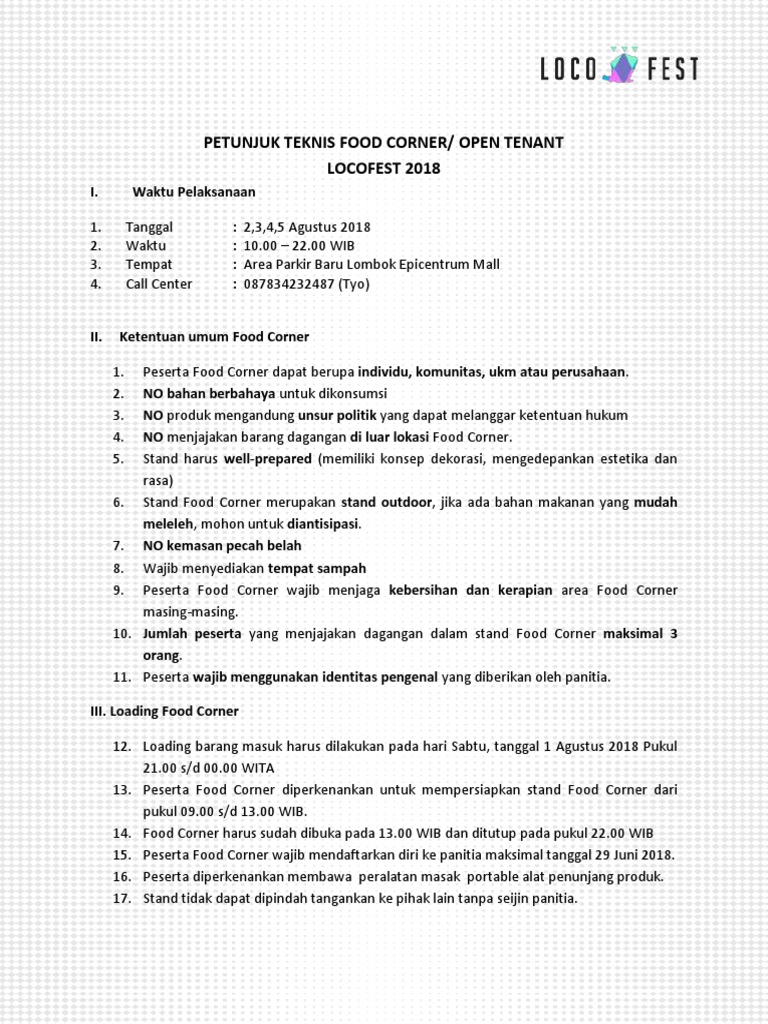 Petunjuk Teknis Food Corner Open Tenant | PDF