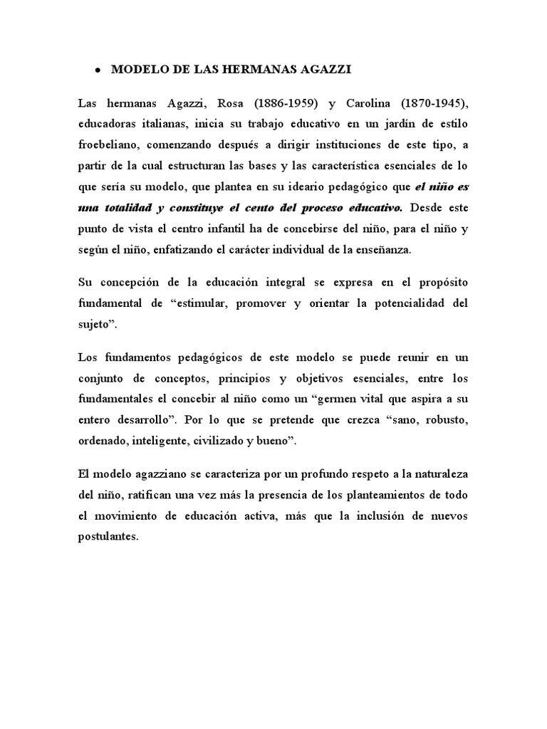 Modelo de Las Hermanas Agazzi | PDF | Plan de estudios | Cognición