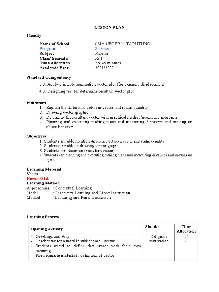 Lesson Plan | Download Free PDF | Euclidean Vector | Lesson Plan