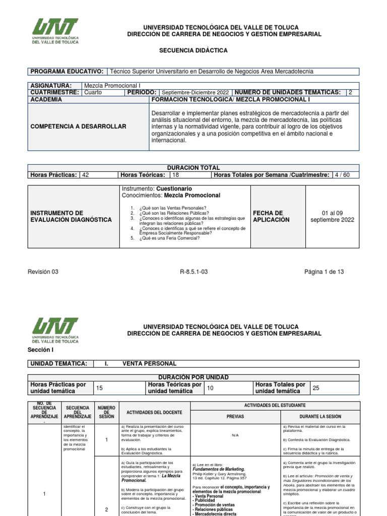 3-R-8.5.1-03 Secuencia Didáctica Mezcla Promocional I - AMFG - Septiembre 2022 | PDF | Marketing ...