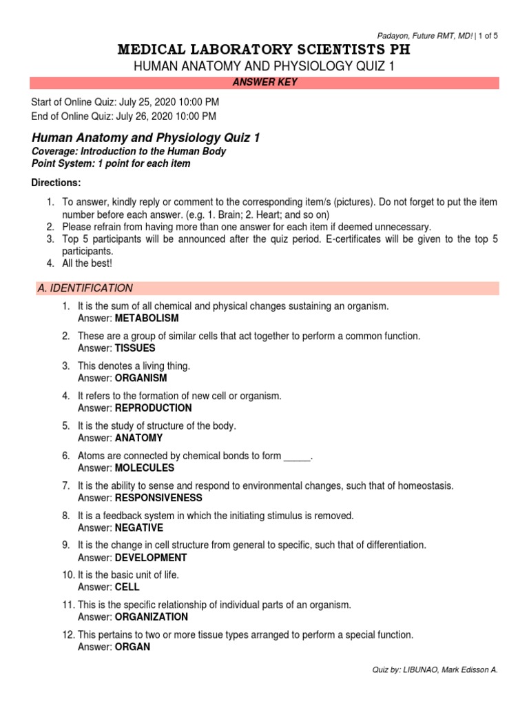 Anatomy and Physiology Quiz 1 Answers | PDF | Wellness