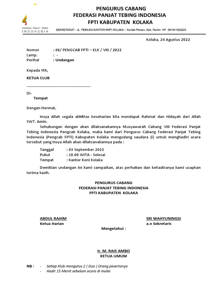 Undangan Muscab Fpti 2022 | PDF