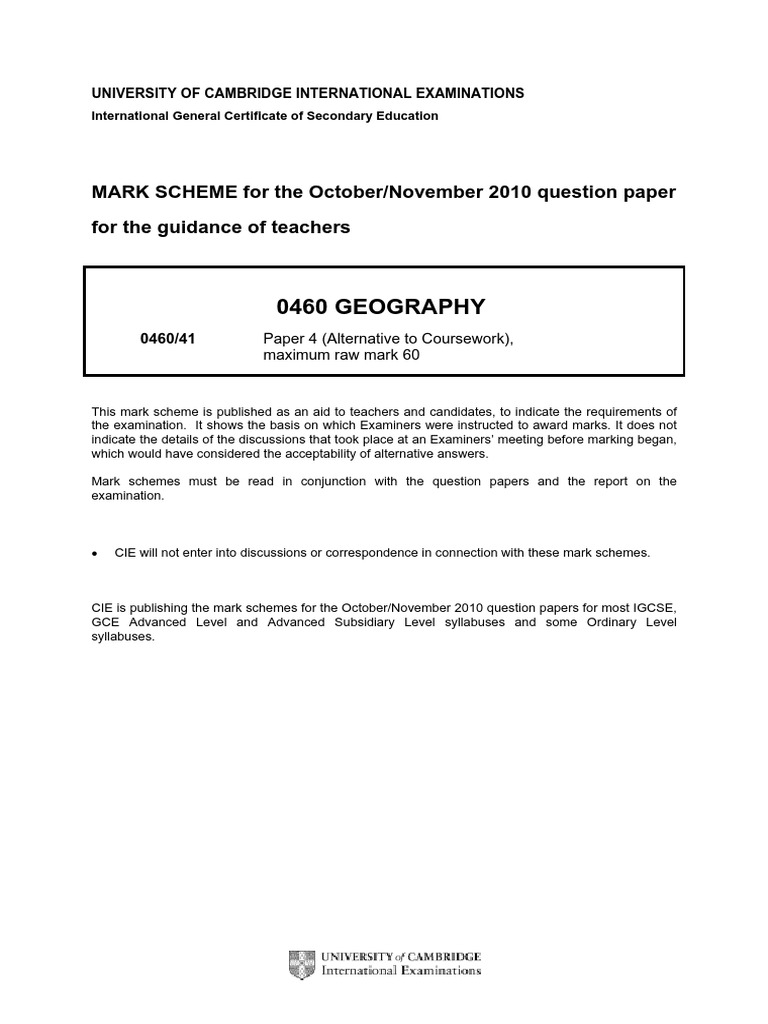 0460 Geography: MARK SCHEME For The October/November 2010 Question ...
