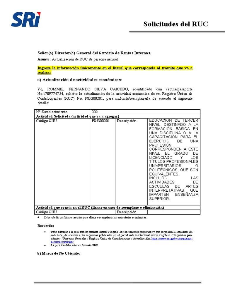 Formato Solicitudes RUC Actualizacion Personas Naturales | PDF