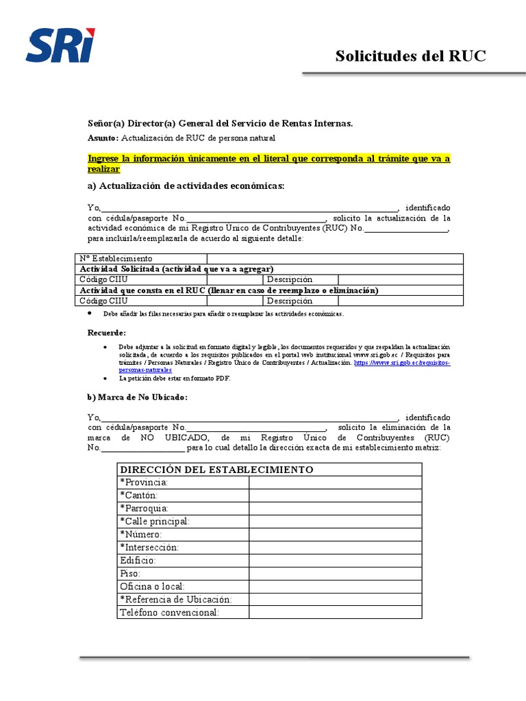 Formato Solicitudes RUC Actualización - Personas Naturales | PDF