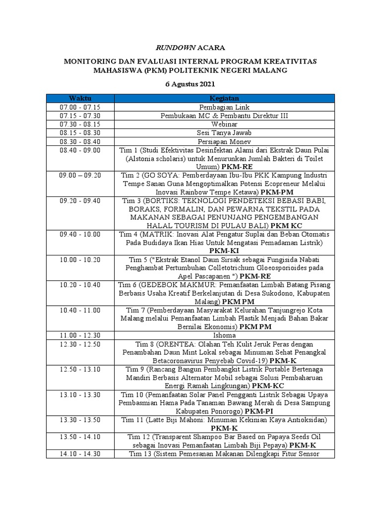 Rundown Acara Monev PKM 2021 | PDF
