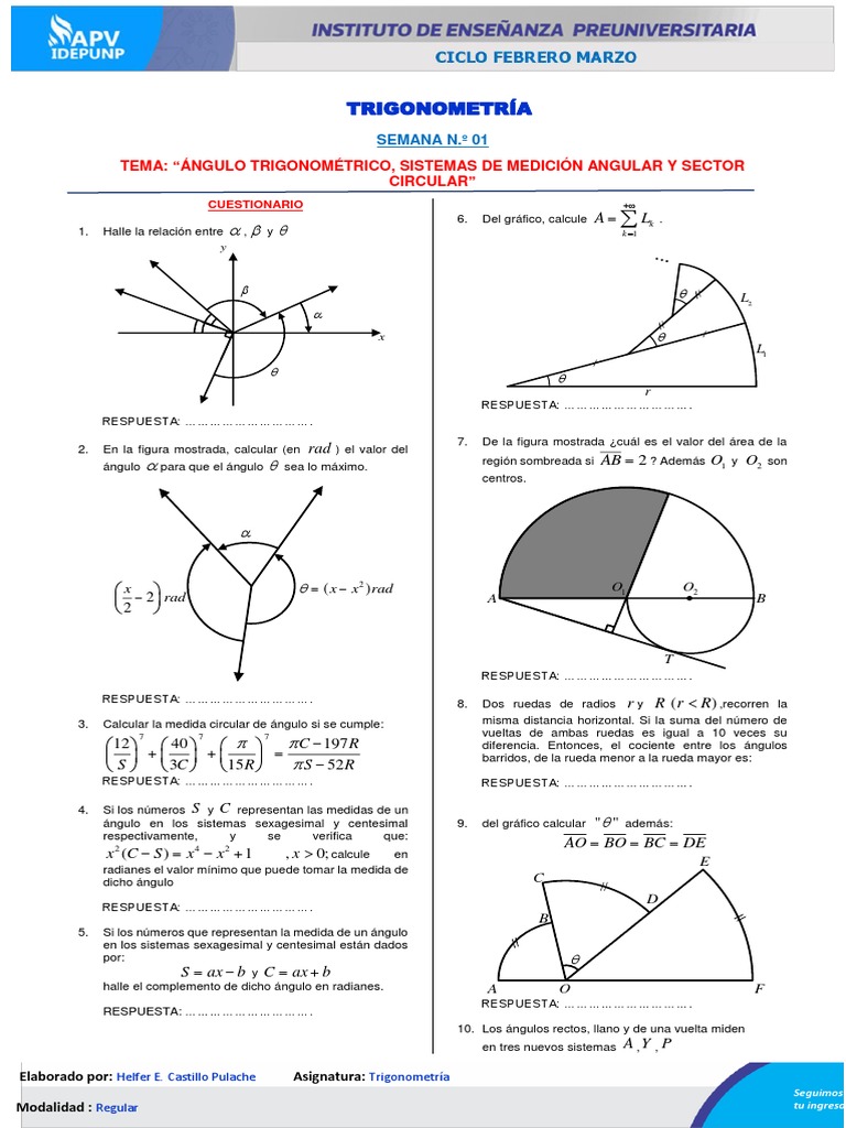Cuestionario de ángulos trigonométricos, sistemas de medición angular y ...