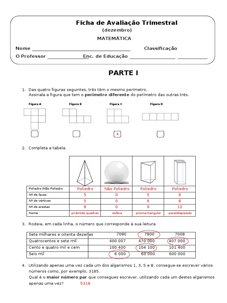 Teste Matematica 4 Ano 1 Periodo Dezembro Solucoes | PDF | Espaços ...