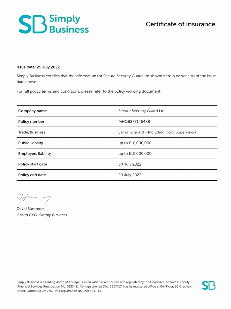 Secure Security Guard Ltd-Business-Certificate of Insurance 23 | PDF