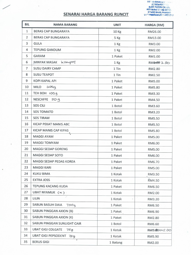 Senarai Harga Barang Runcit | PDF
