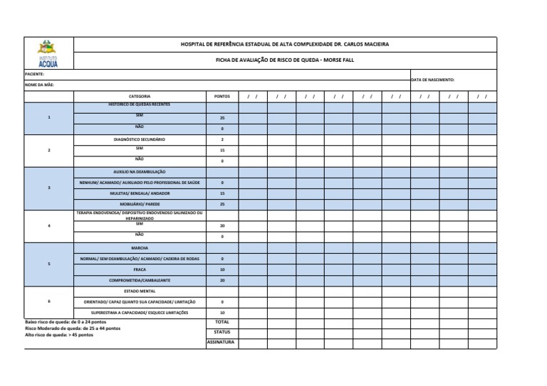 Escala Morse Fall - Avaliação de Risco de Queda | PDF | Medicina ...